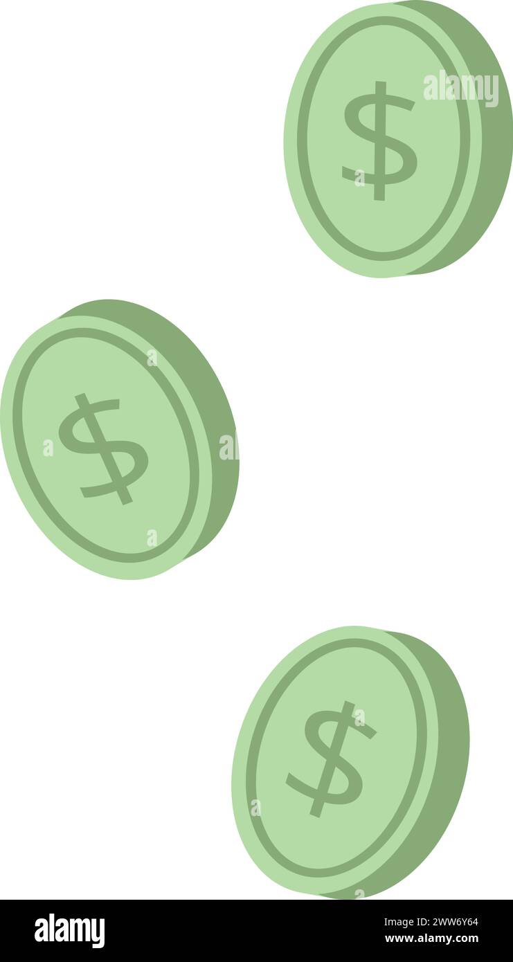 Green dollar coins falling. Money rain icon isolated on white ...