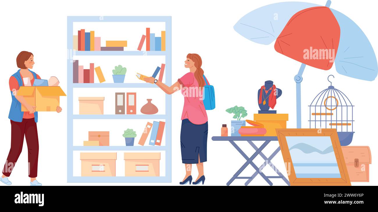 Garage sale scene. People buy stuff illustration isolated on white ...