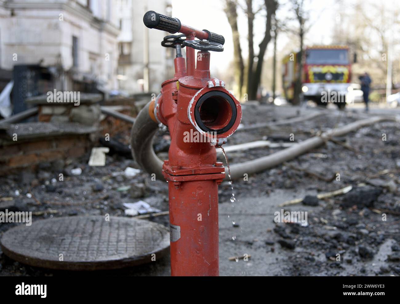 Non Exclusive: KYIV, UKRAINE - MARCH 21, 2024 - Water flows from a fire ...