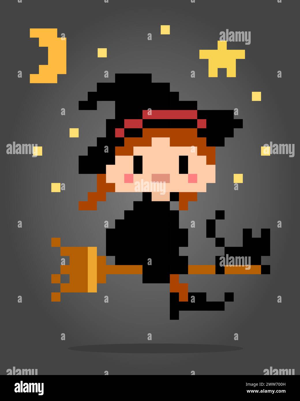 8 bit pixel the witch flying with a broom, and a black cat with her in ...