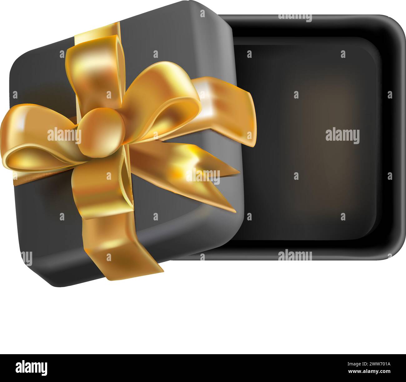 Open present box. Luxury realistic black gift with golden ribbon ...