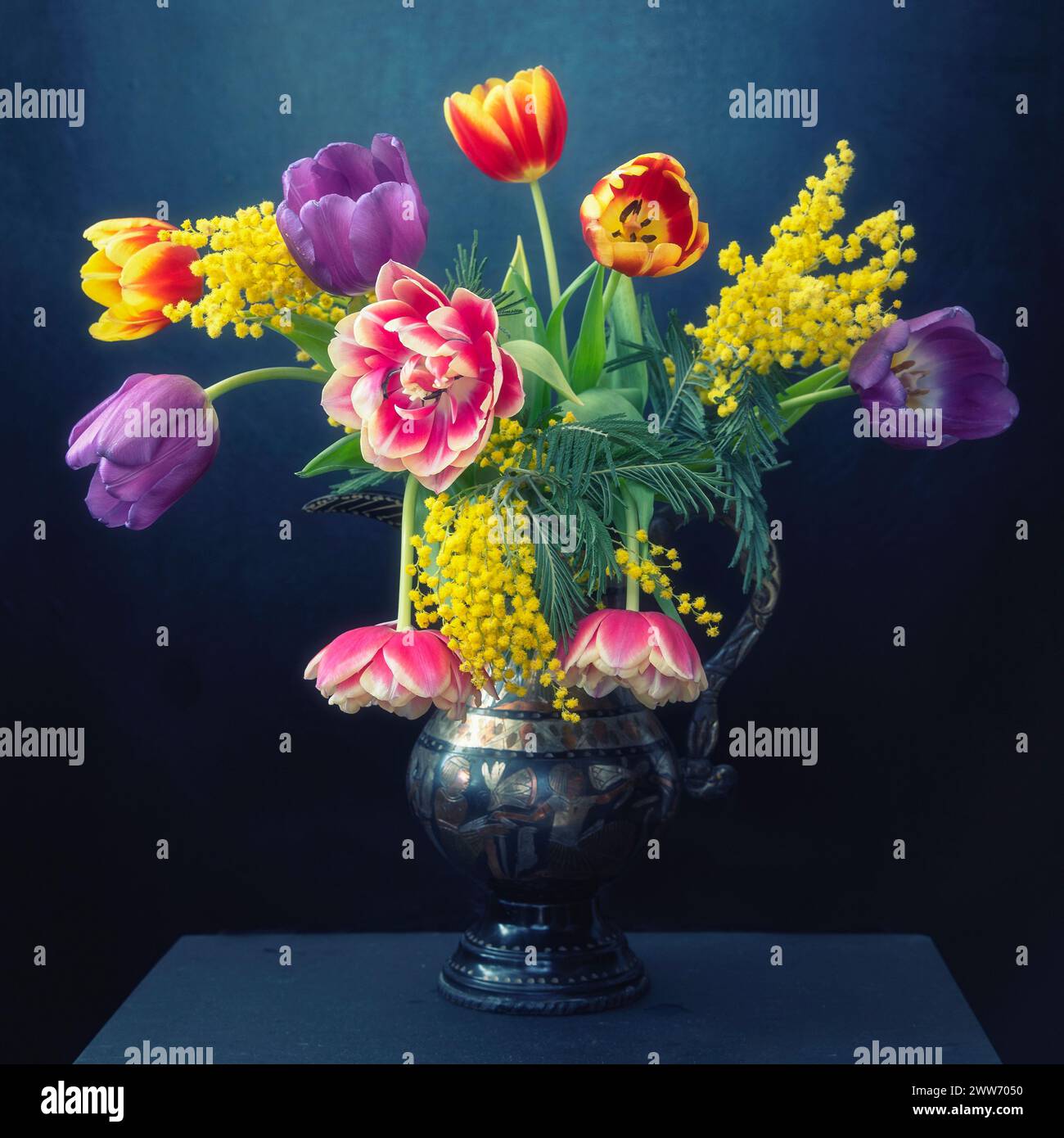 Bouquet of spring flowers on a black background Stock Photo - Alamy