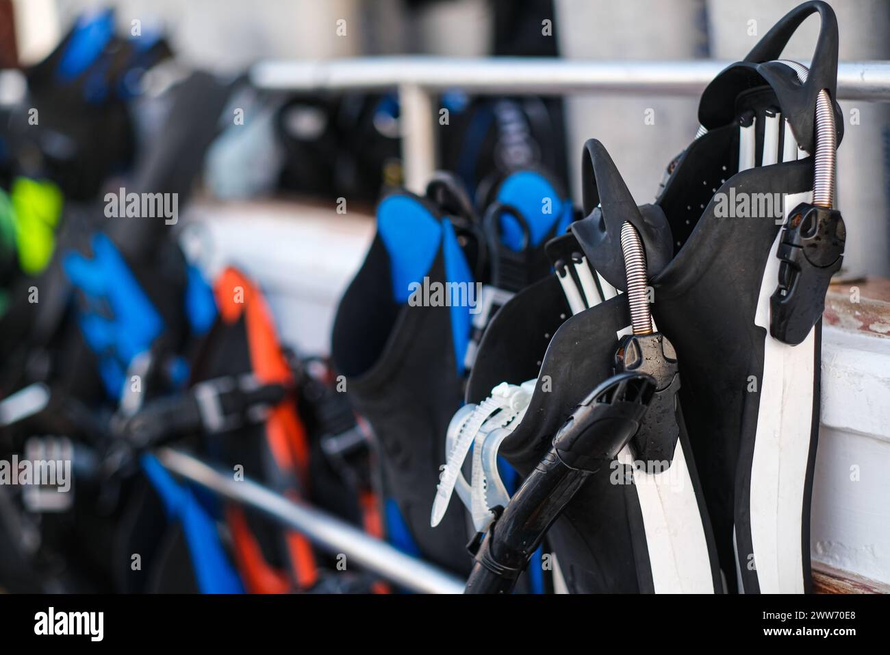 snorkeling equipment for driving on wood platform Stock Photo - Alamy