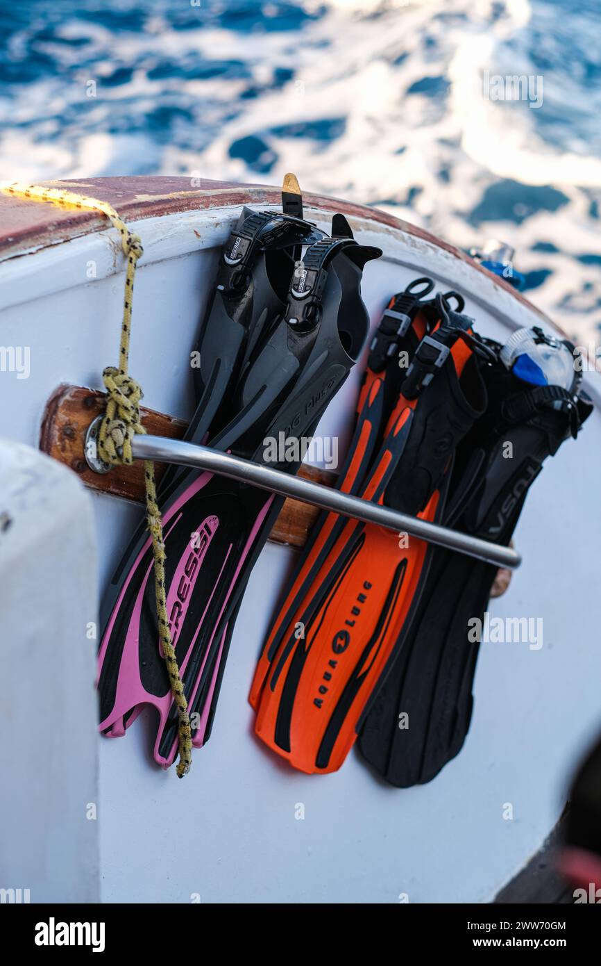 snorkeling equipment for driving on wood platform Stock Photo - Alamy