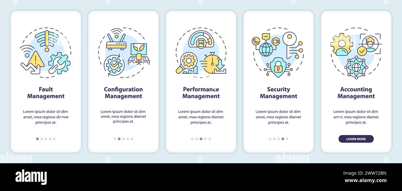 Network management functions onboarding mobile app screen Stock Vector ...