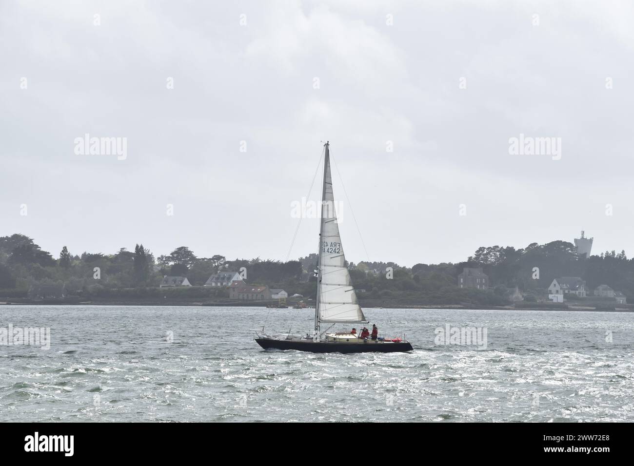 Sailboat coming into Morbihan: Cloudy Coastal View Stock Photo - Alamy