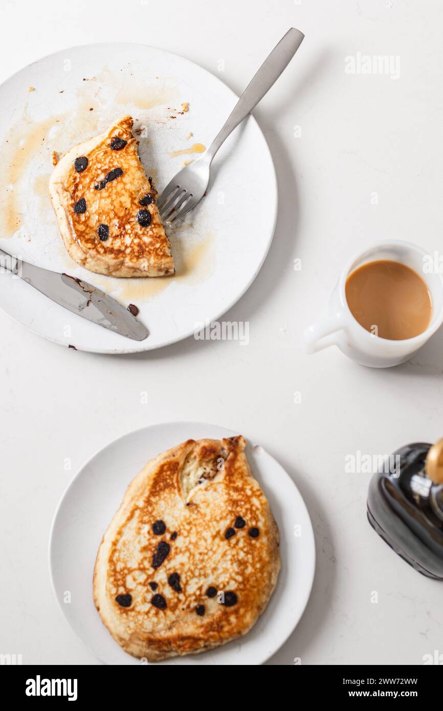 weekend breakfast with maple syrup pancakes and coffee Stock Photo - Alamy