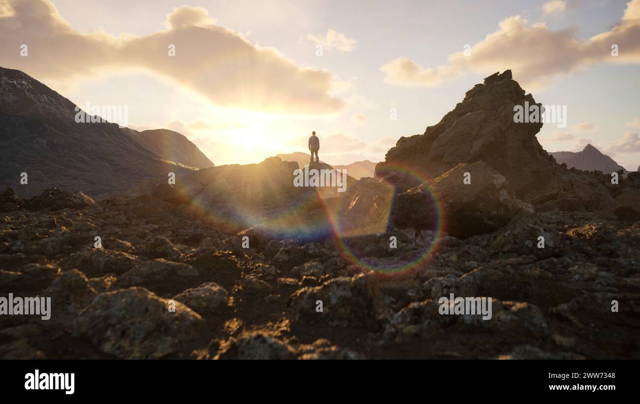 Adventurous Man Hiker on a rocky, rugged peak taking in view. Sunny ...