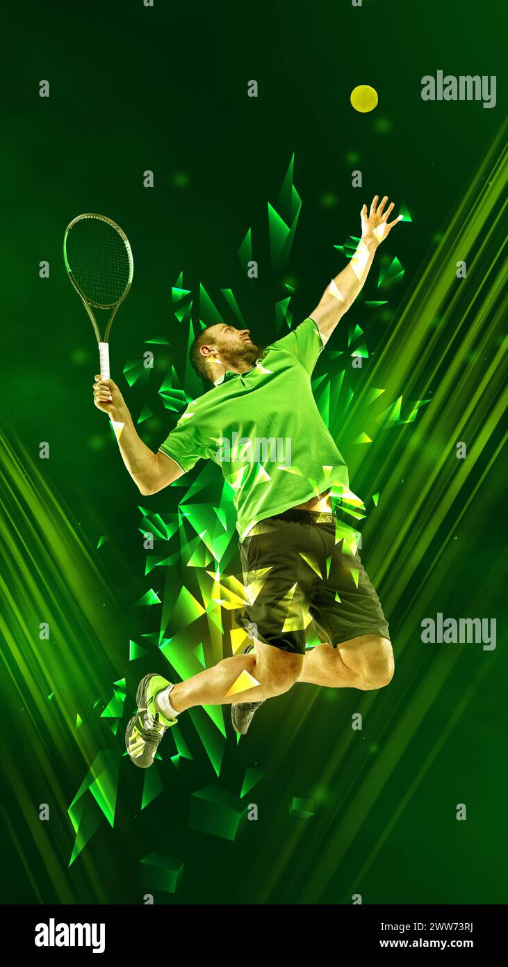 Dynamic image of man, tennis player in motion, hitting ball with racket ...