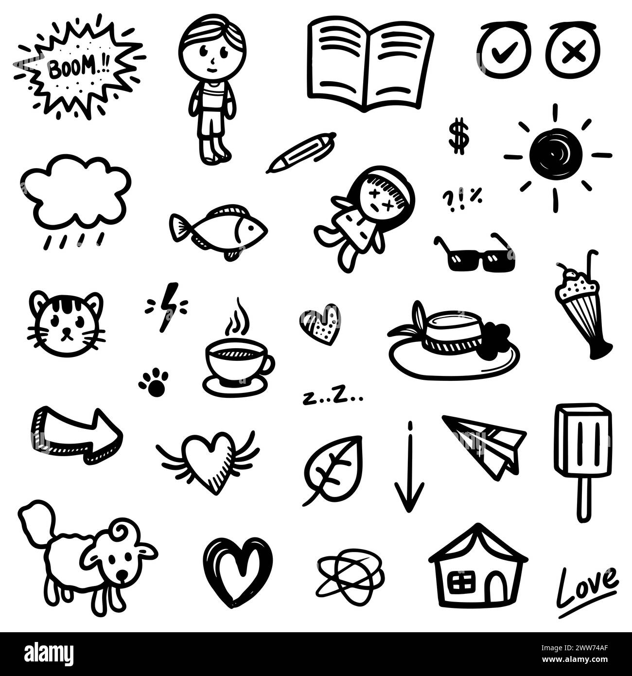 hand drawn Doodle abstract of Black Thin Line Set Include of objects ...