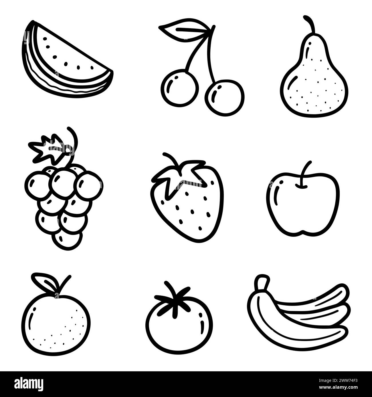 Abstract Doodle Hand Drawn Set, Black Thin Line Fruits in Vector ...