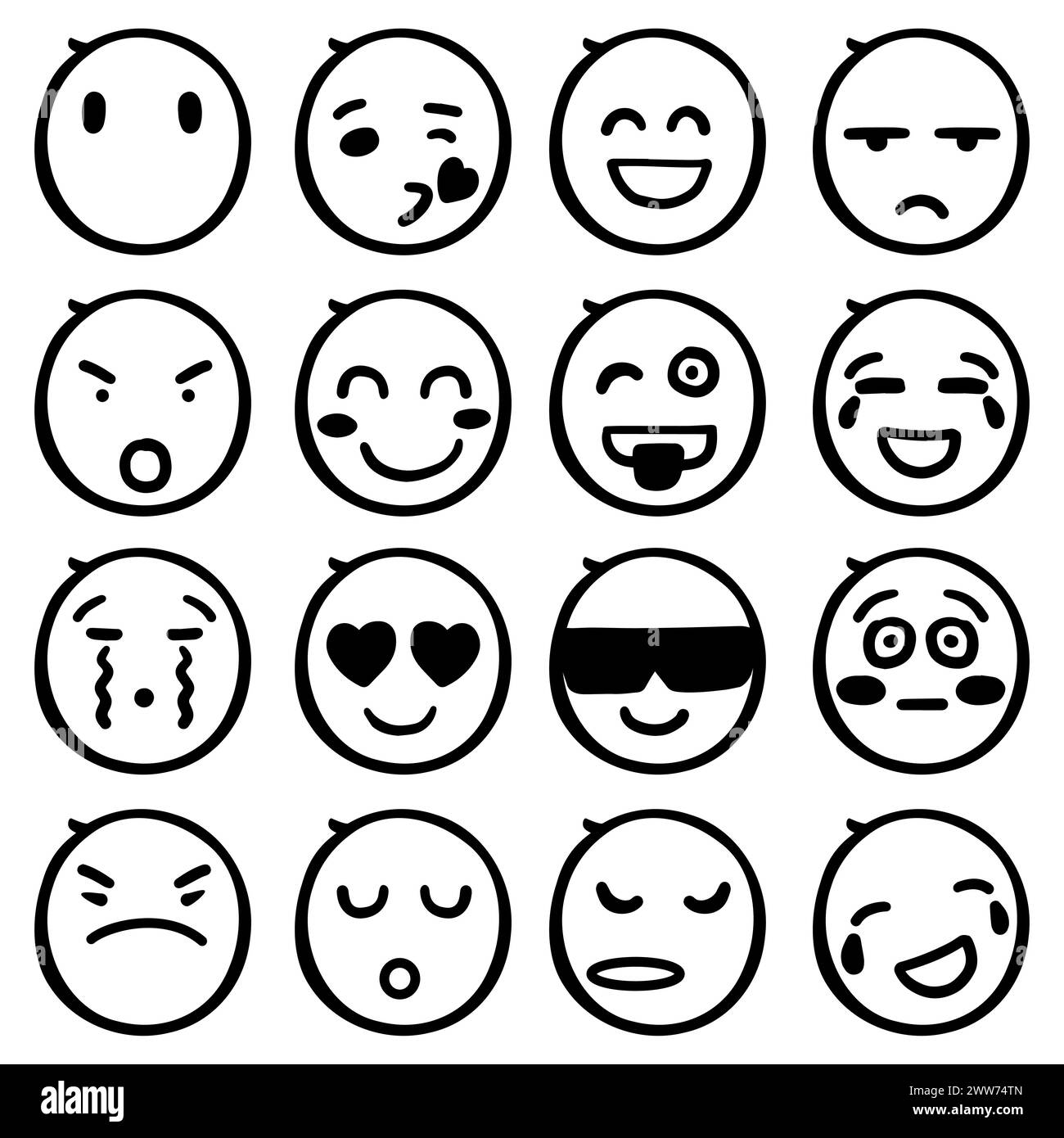 Hand drawn doodle abstract emotion icon with many facial expressions ...