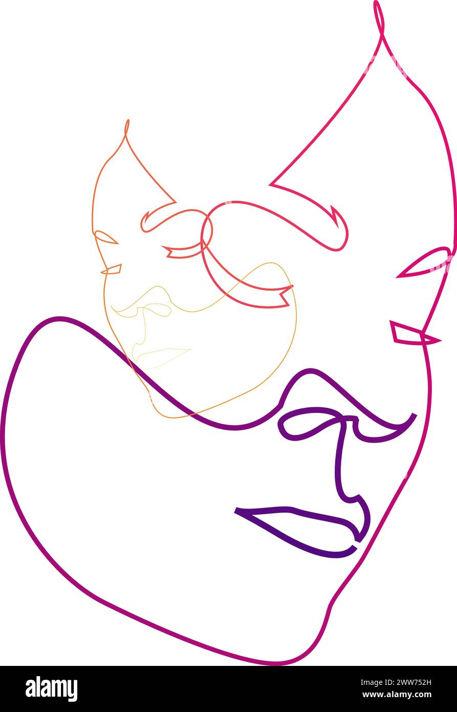 One line drawing of two faces - one inside the other. Abstract art ...