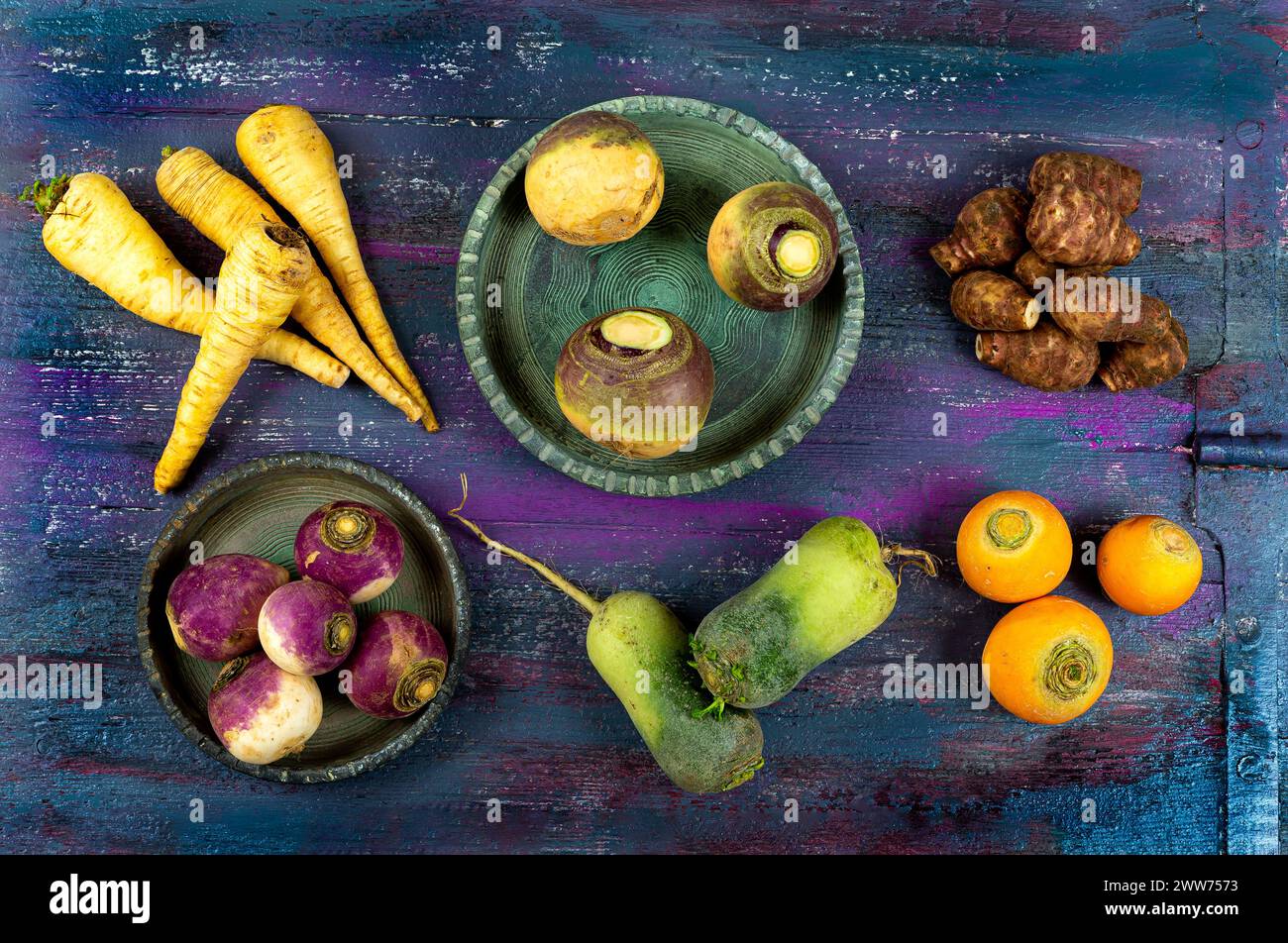 Panel of forgotten vegetables seen from above Stock Photo - Alamy