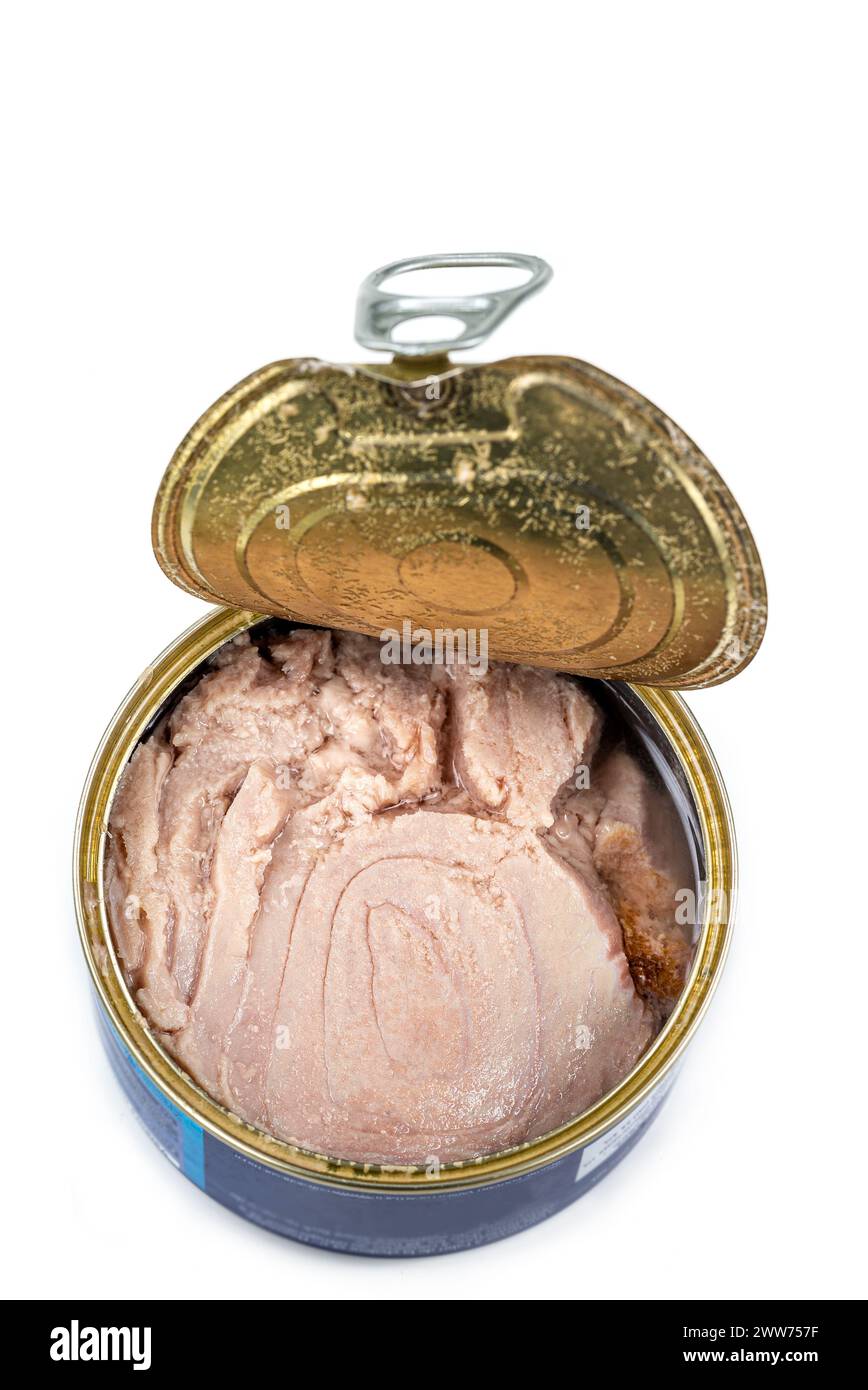 Open tuna can close up top view on white background Stock Photo - Alamy
