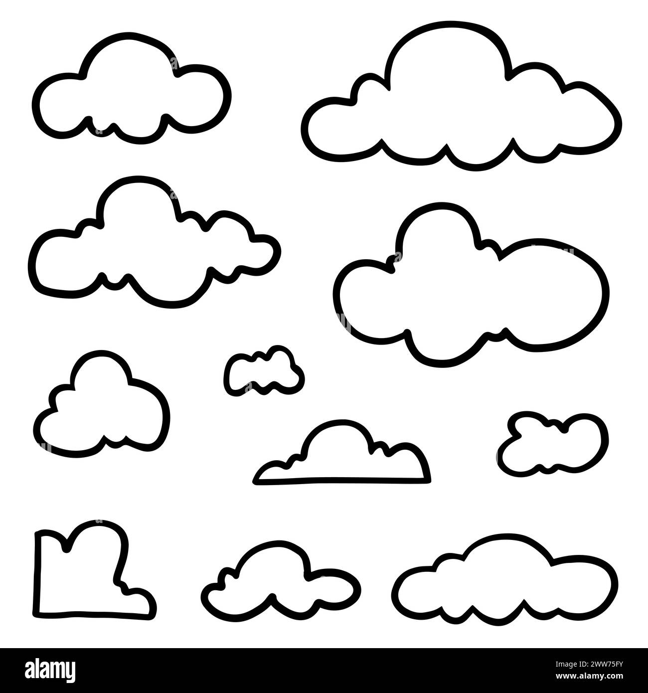 Vector doodle abstract of clouds thin black line set of clouds in ...