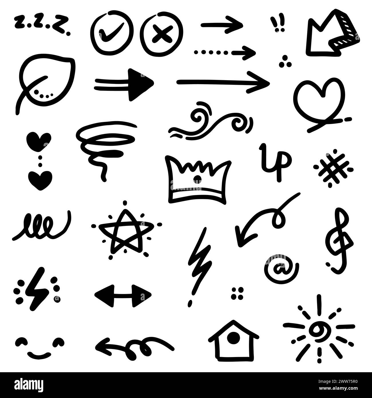 Doodle abstract of Swash Black Thin Line Set Include of Heart, Stroke ...