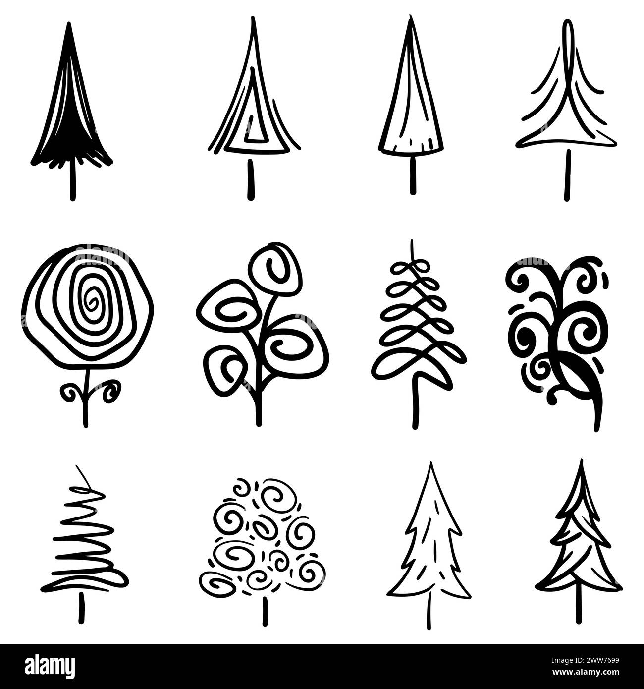 Hand drawn Doodle pine tree with lots of collectibles inside Stock ...