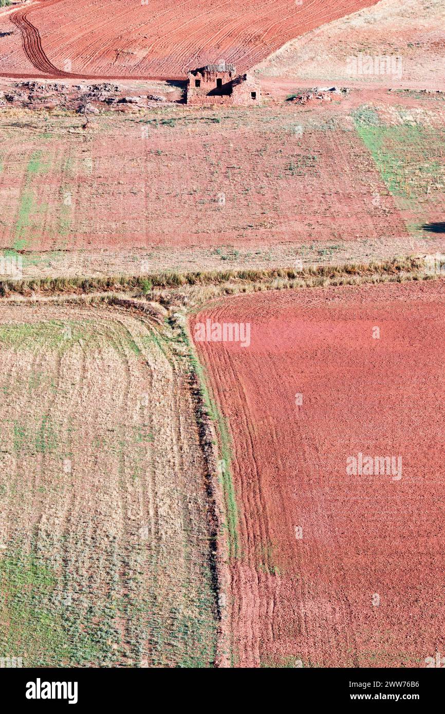 Line between stubble and fallow land leading to abandoned house Stock ...