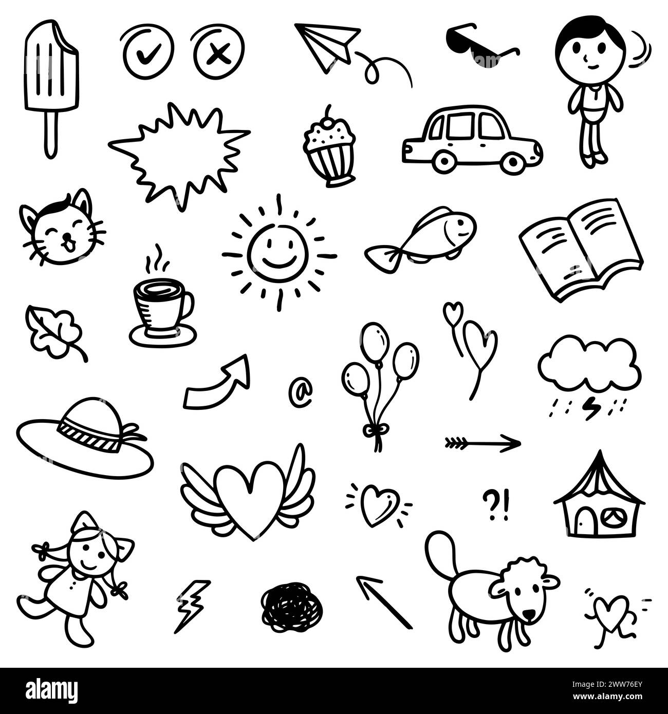 hand drawn Doodle abstract of Black Thin Line Set Include of objects ...