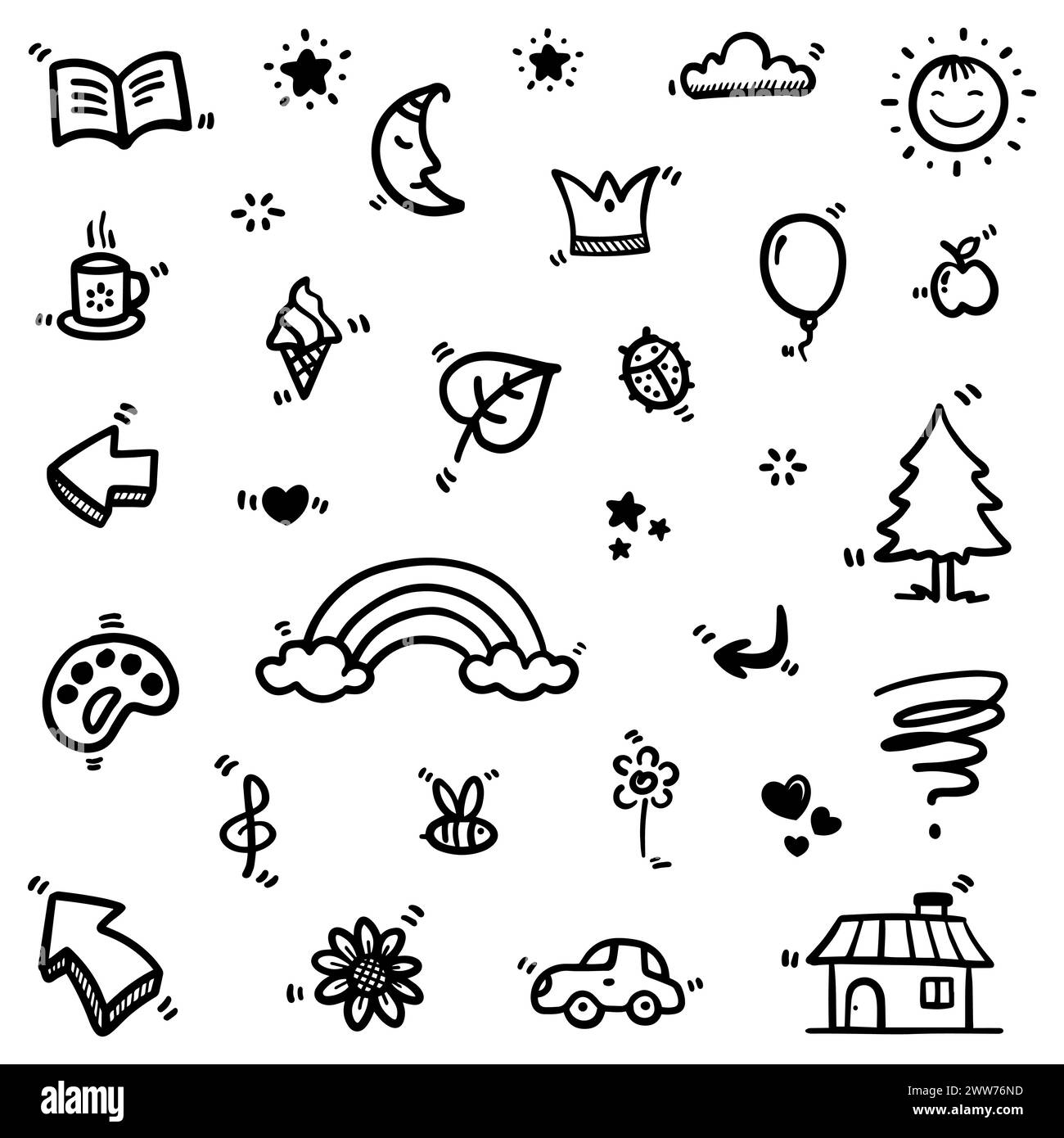 hand drawn Doodle abstract of Black Thin Line Set Include of objects ...