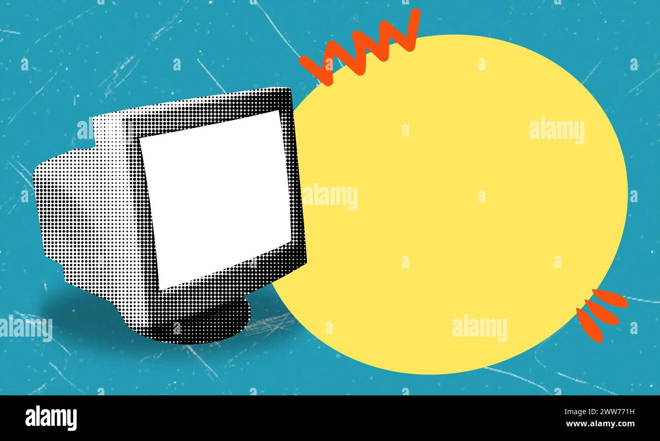 Art collage, Vintage monitor with a message bubble, grayscale. Concept ...