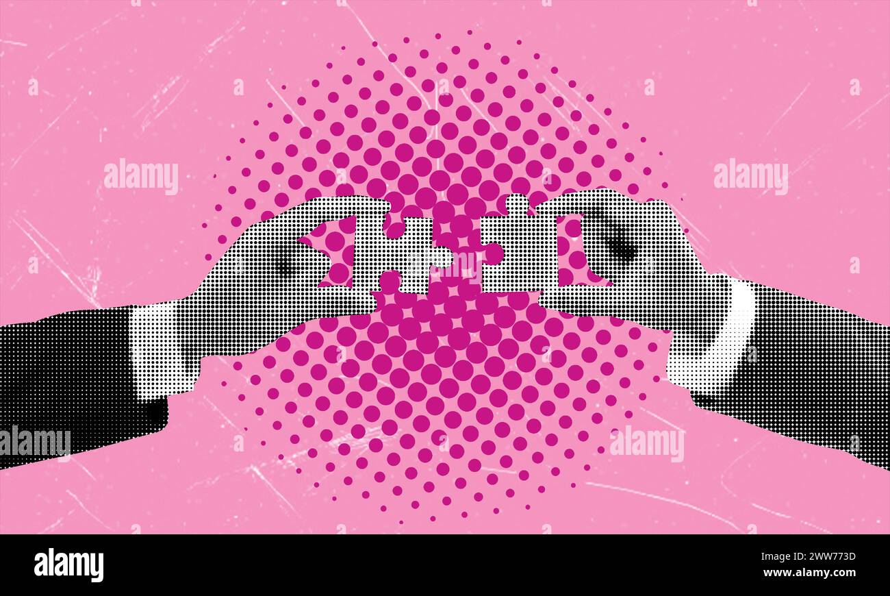 Collage design elements in trendy dot pop art style. The team putting ...