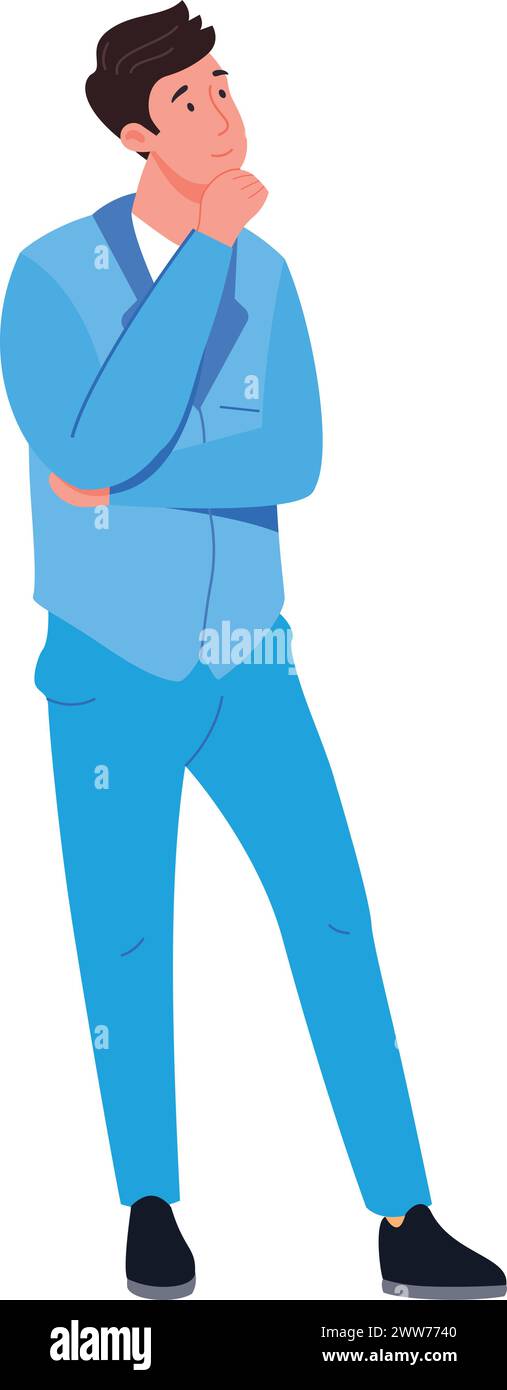 Thinking man in blue suit. Businessman color character isolated on ...