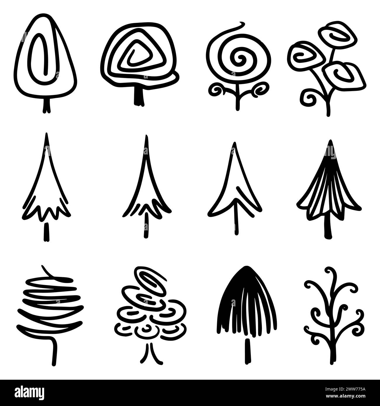 Abstract Doodle hand drawn Set, Black Thin Line trees in Vector ...
