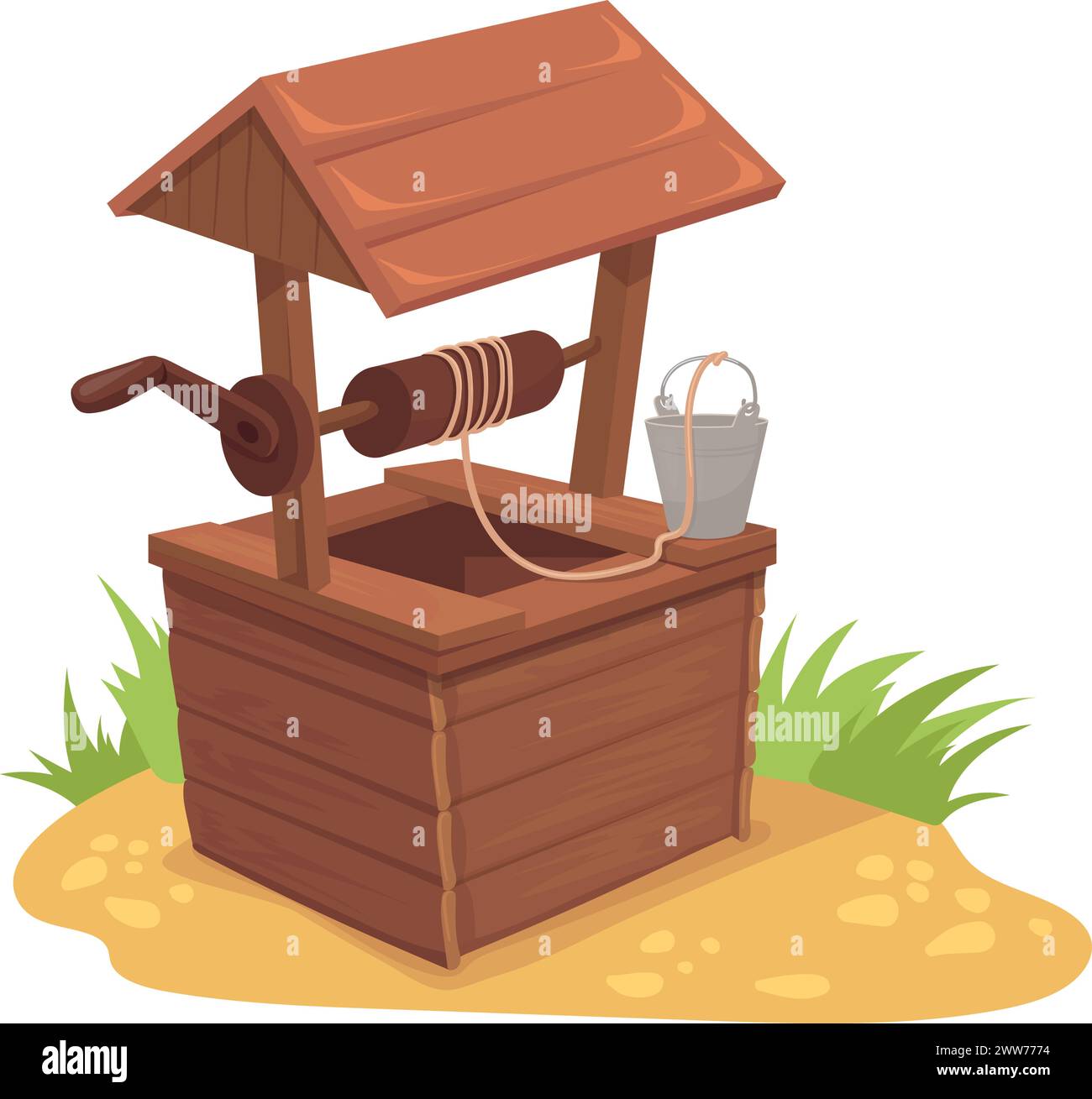 Old well cartoon icon. Wooden water construction isolated on white ...