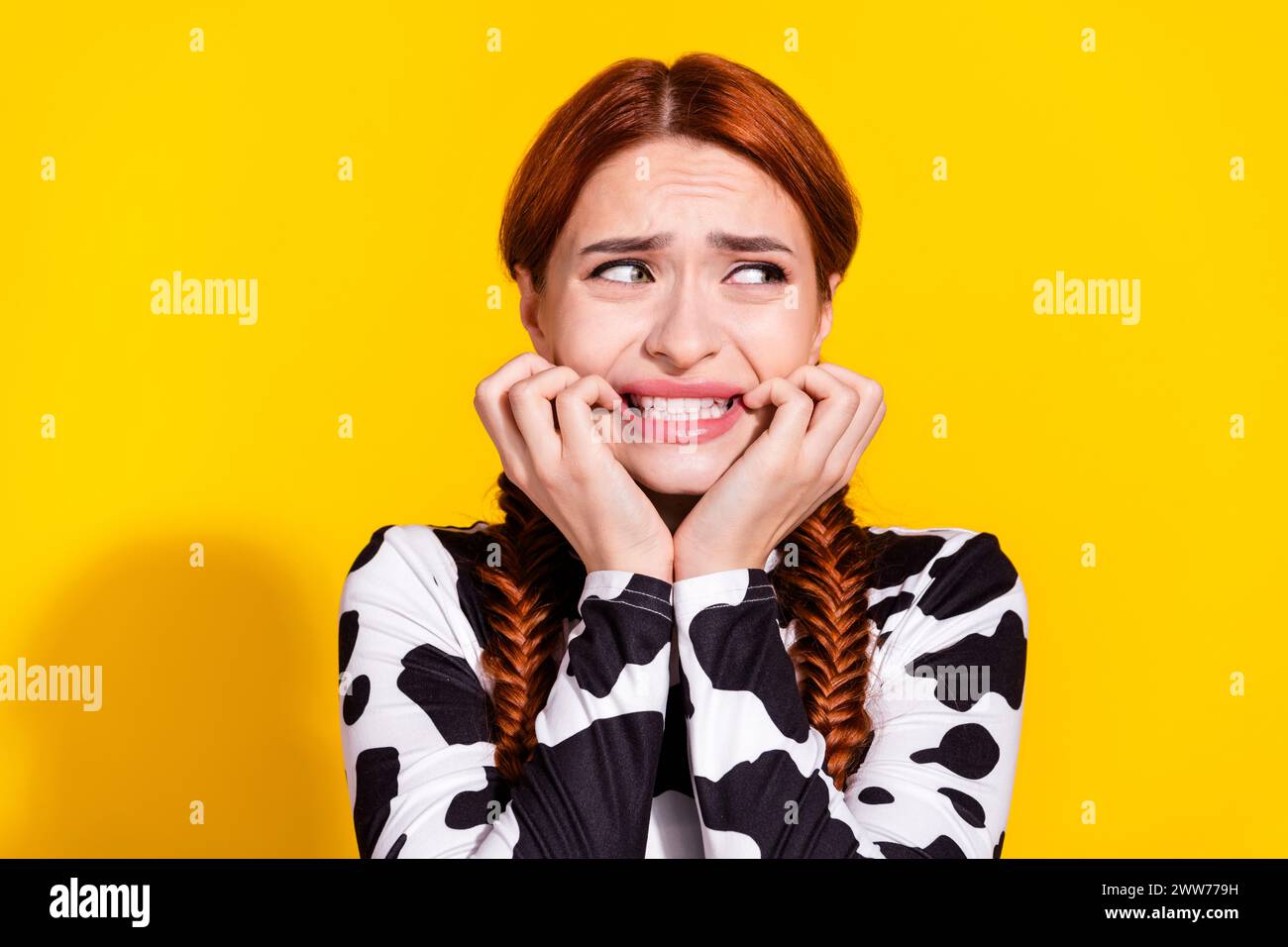 Photo of scared guilty lady dressed cowskin top hands cheekbones cheeks ...