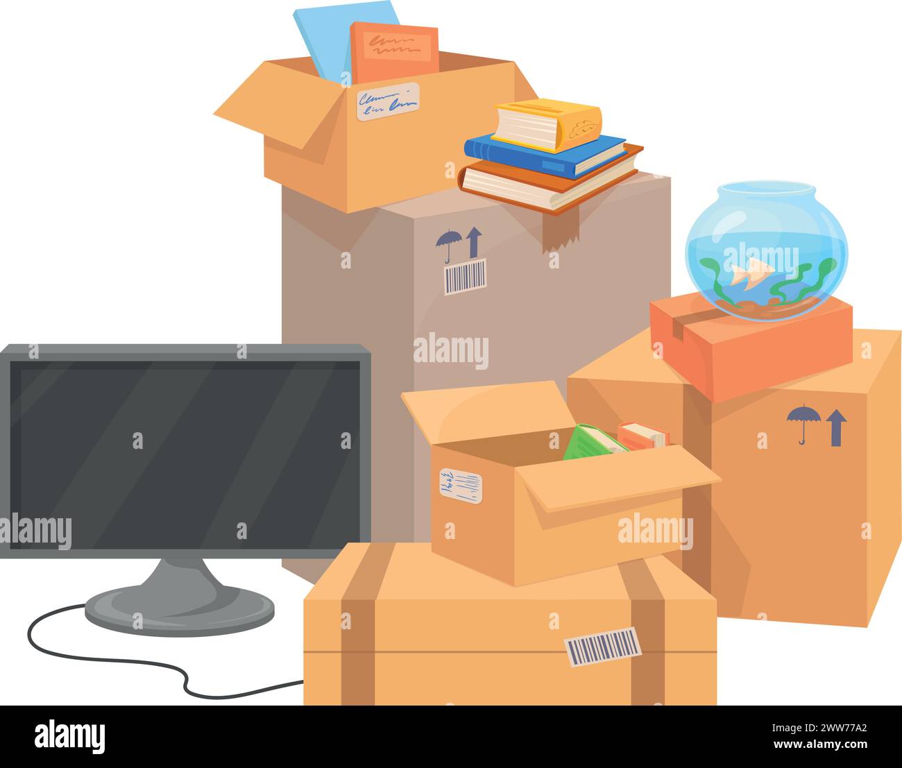 Cardboard boxes with relocation stuff. Cartoon package pile isolated on ...