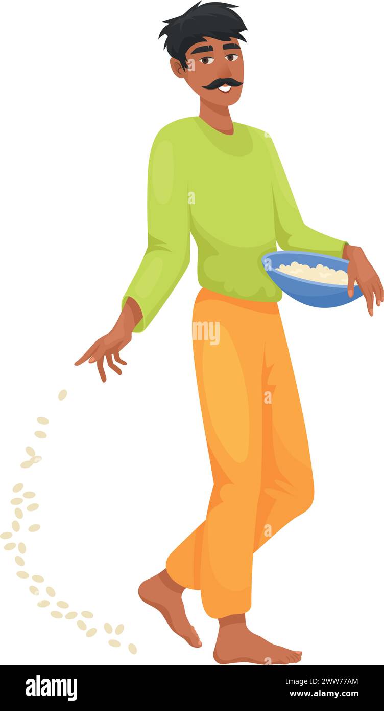 Indian man planting rice. Asian character drop seeds isolated on white ...