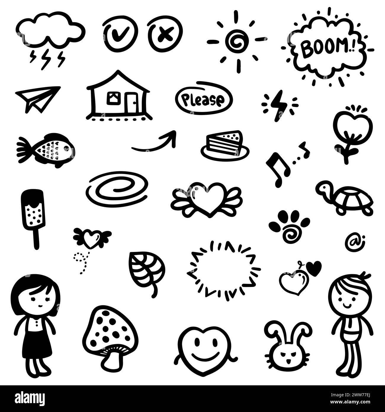 hand drawn Doodle abstract of Black Thin Line Set Include of objects ...