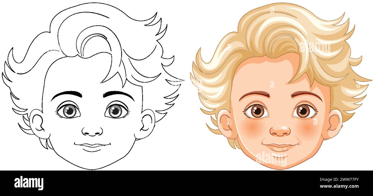 Vector illustration of a child's face, before and after coloring Stock ...