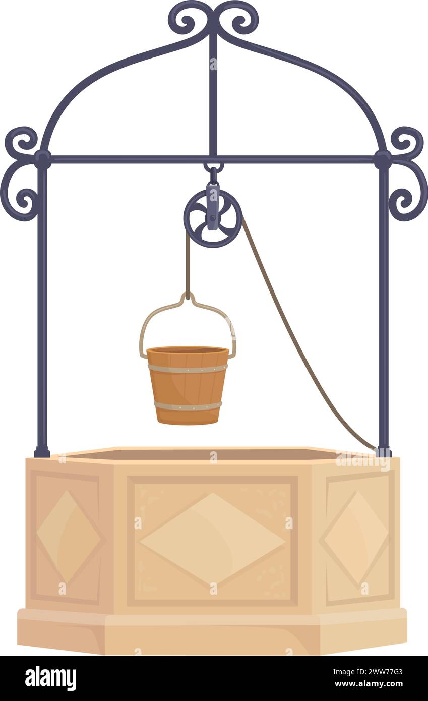 Elegant wishing well with bucket on rope cartoon icon isolated on white ...