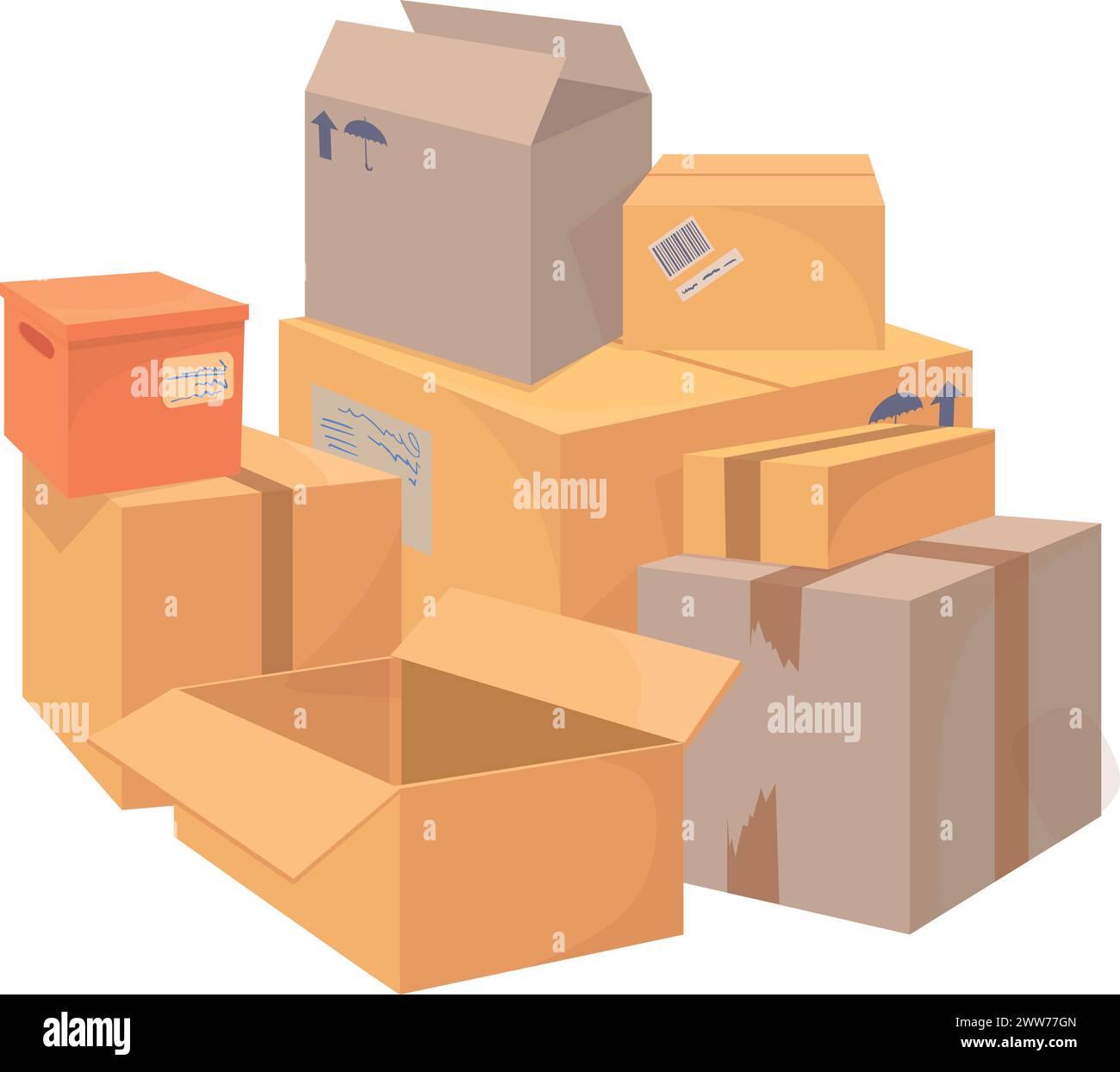 Pile of cardboard box. Delivery storage cartoon stack isolated on white ...