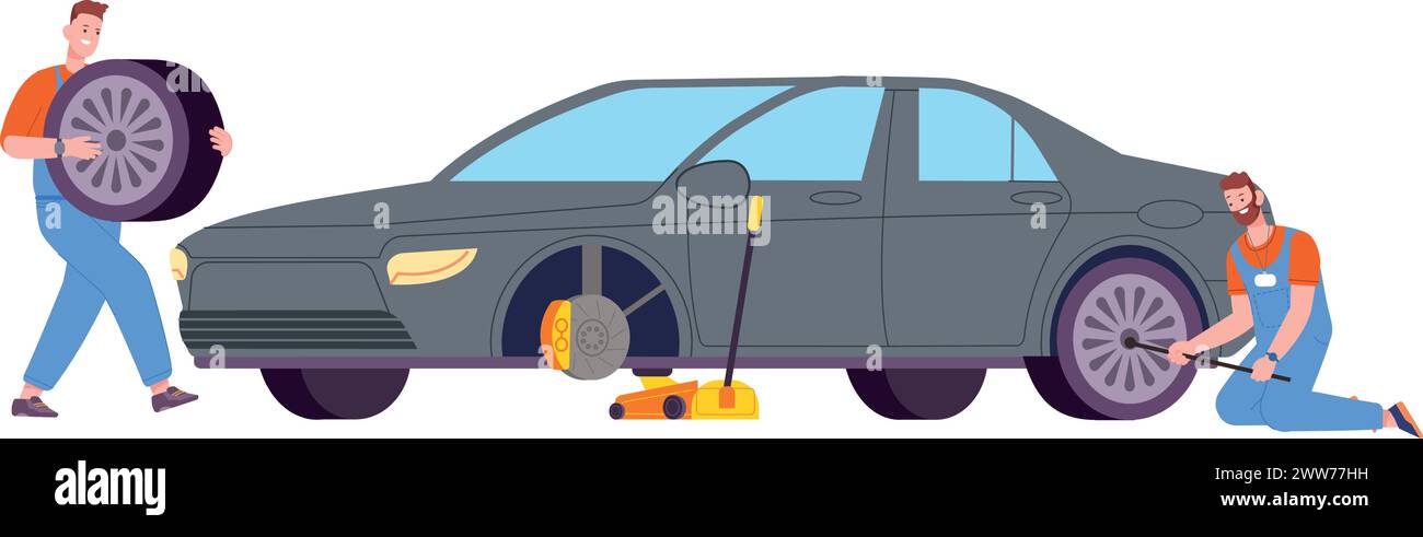 Car repair service. Mechanic auto maintenance scene isolated on white ...