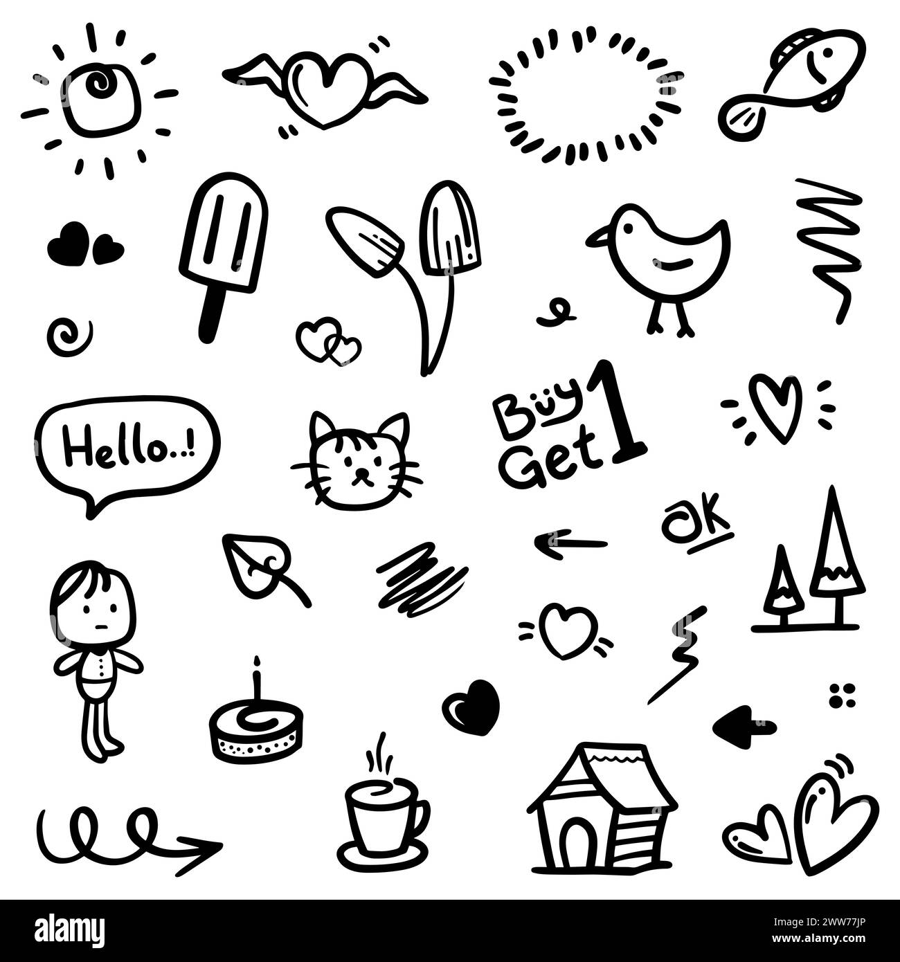 hand drawn Doodle abstract of Black Thin Line Set Include of objects ...