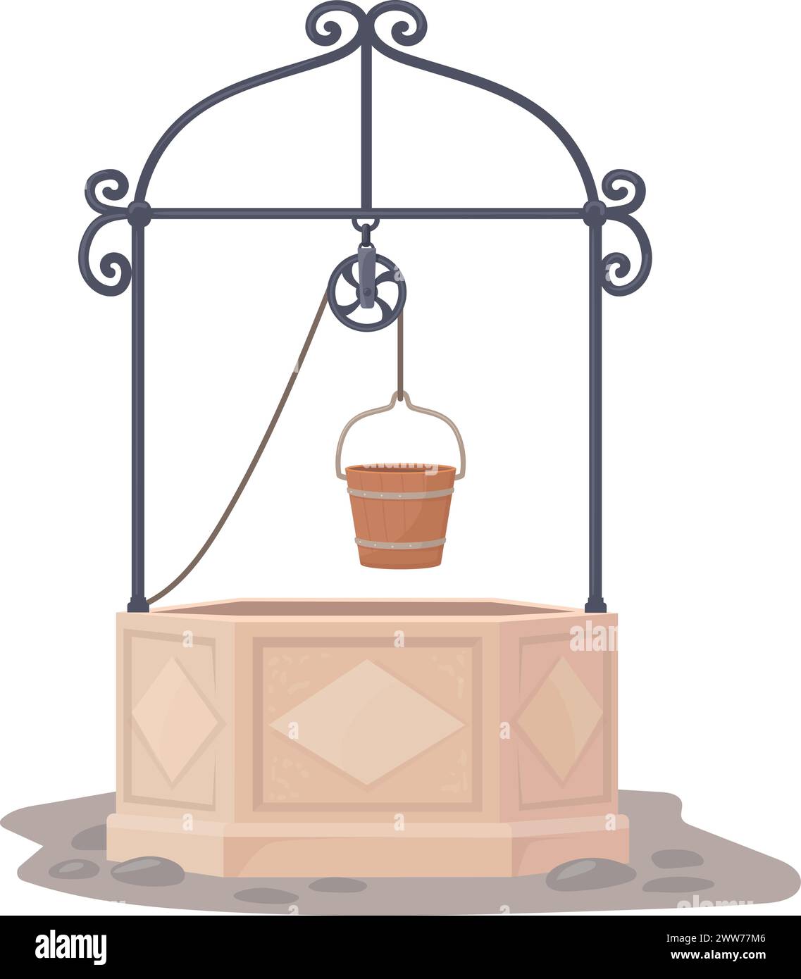 Cartoon well icon. Antique stone construction with water bucket ...