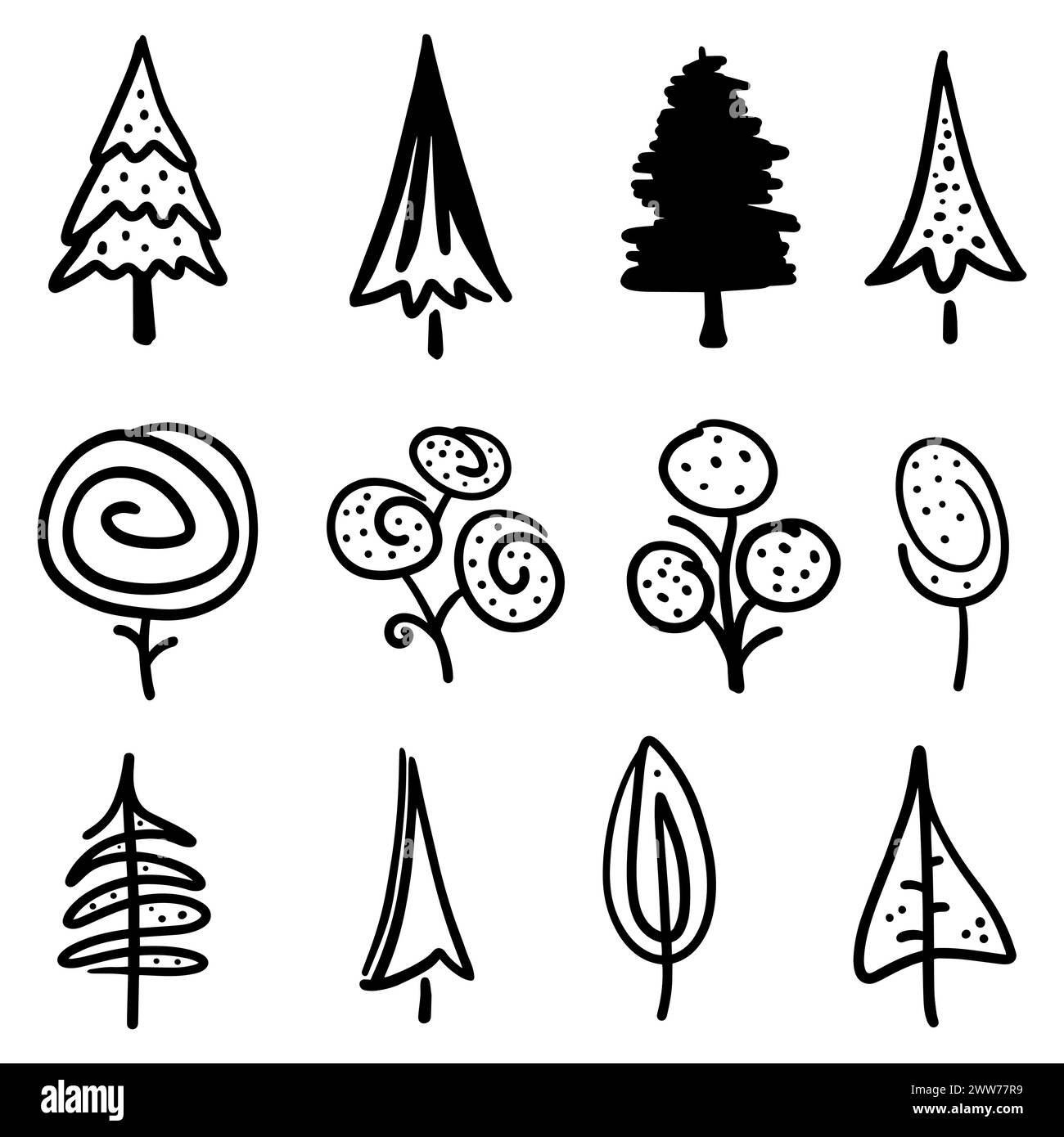 Abstract Doodle hand drawn Set, Black Thin Line trees in Vector ...