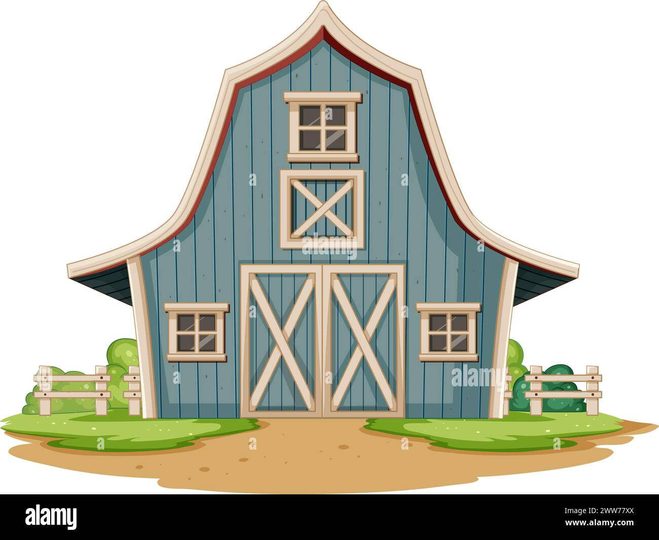 Cartoon-style blue barn with white trim and greenery Stock Vector Image ...
