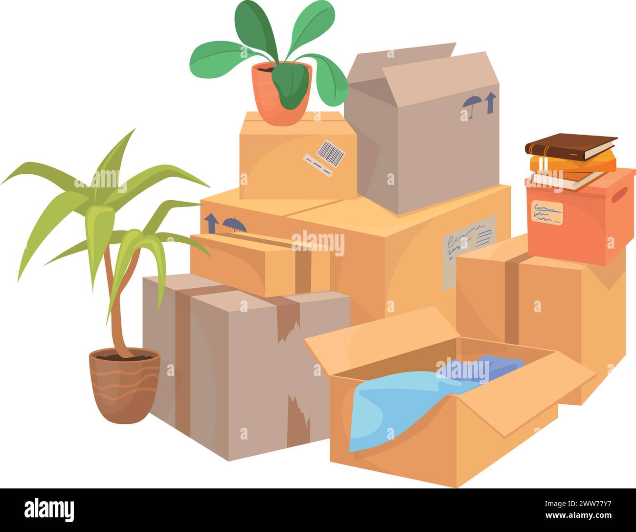 Moving house paper boxes pile. Relocation packages isolated on white ...