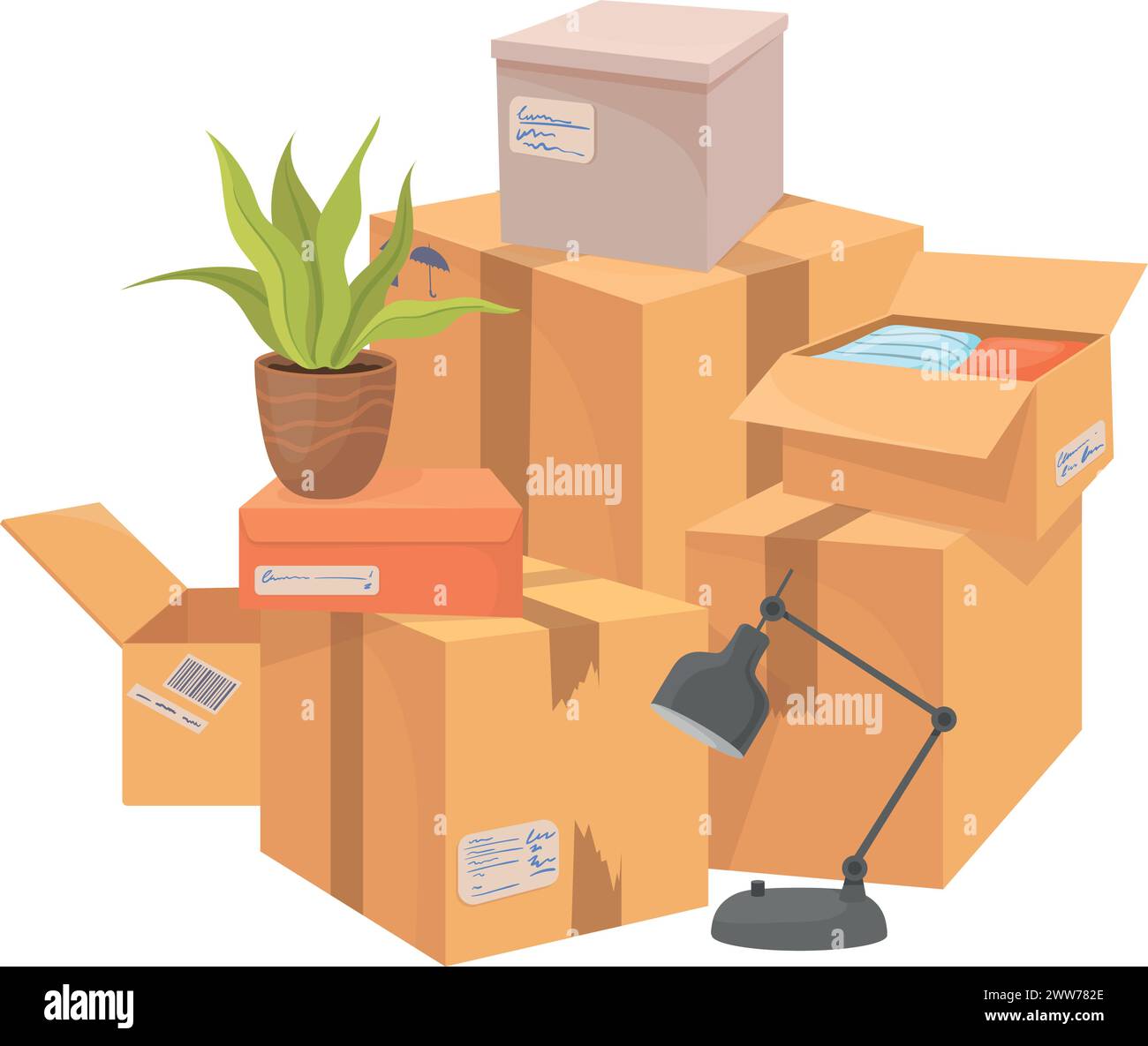 Cartoon paper box pile with moving house stuff isolated on white ...