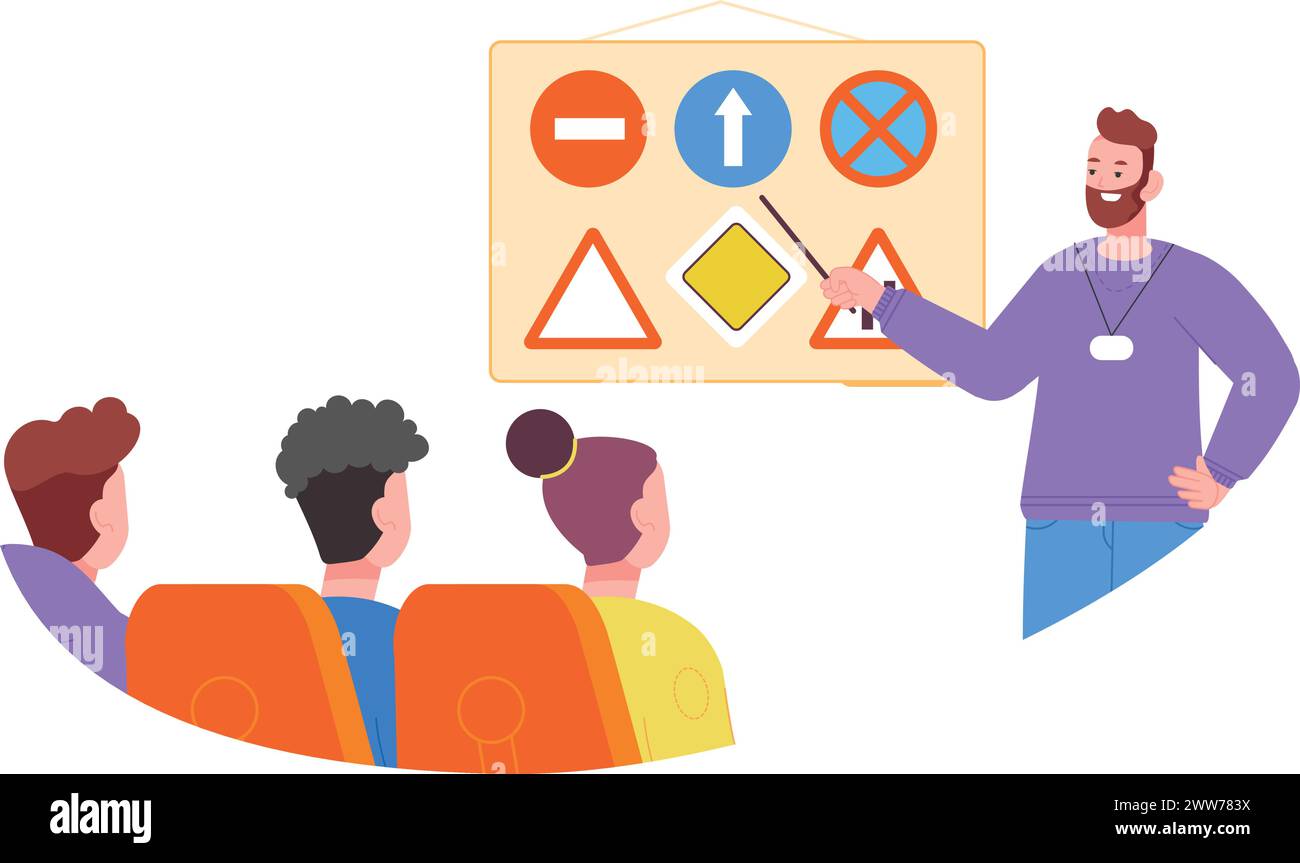 Driving school training. Traffic road sign lesson isolated on white ...