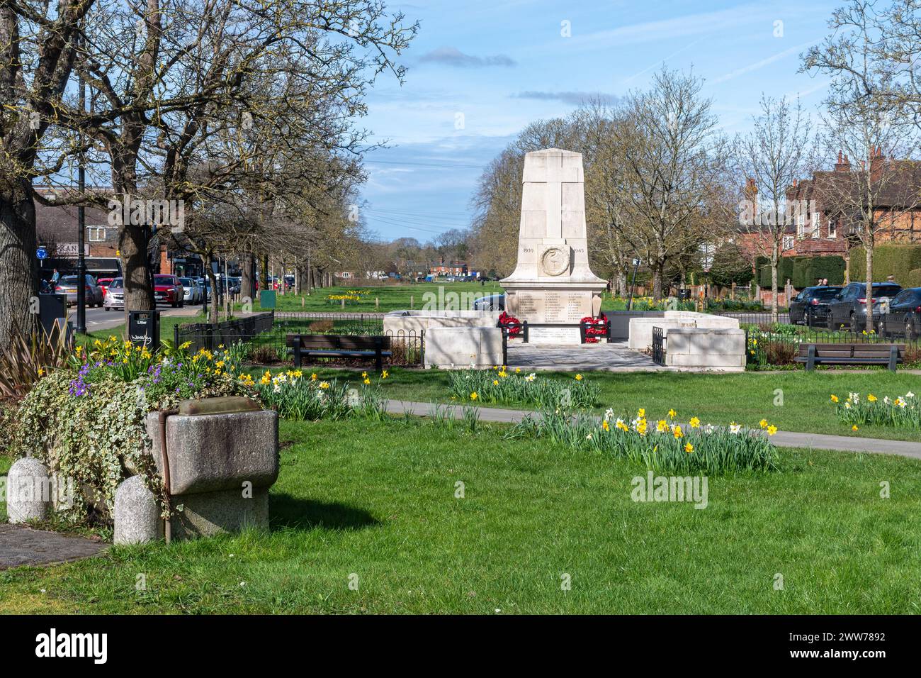 War memorial in Cranleigh village centre during spring or March with ...