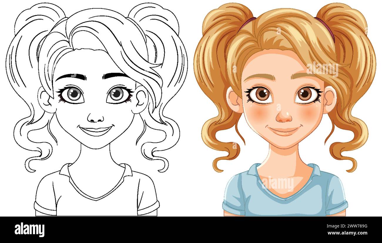 Vector illustration of a girl, line art and colored version Stock ...