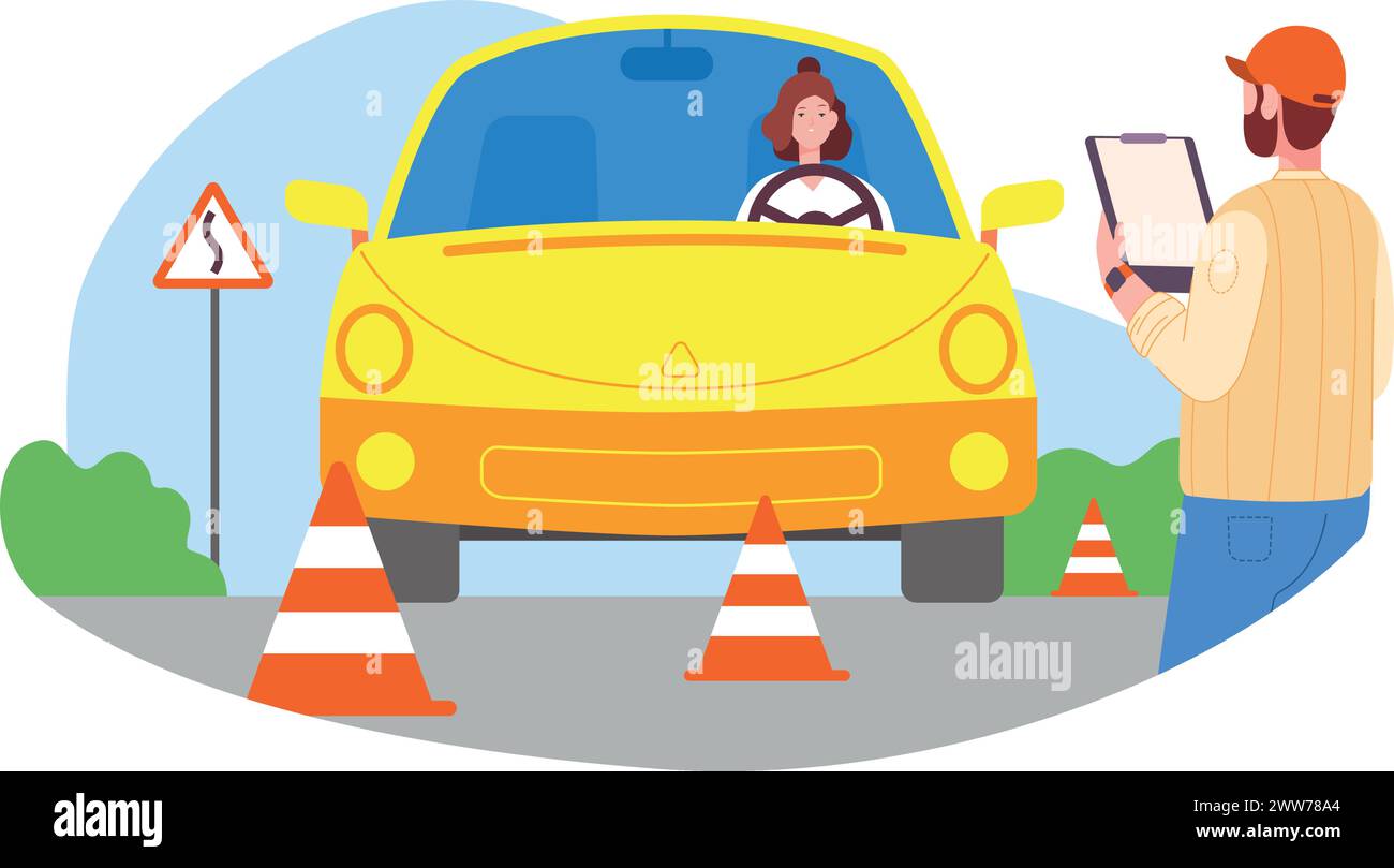 Drive exam illustration. Student riding car on parking road isolated on ...