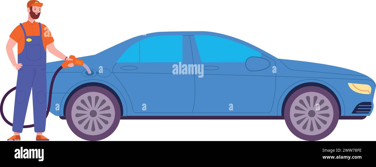 Gas station worker refuel car with pump gun isolated on white ...