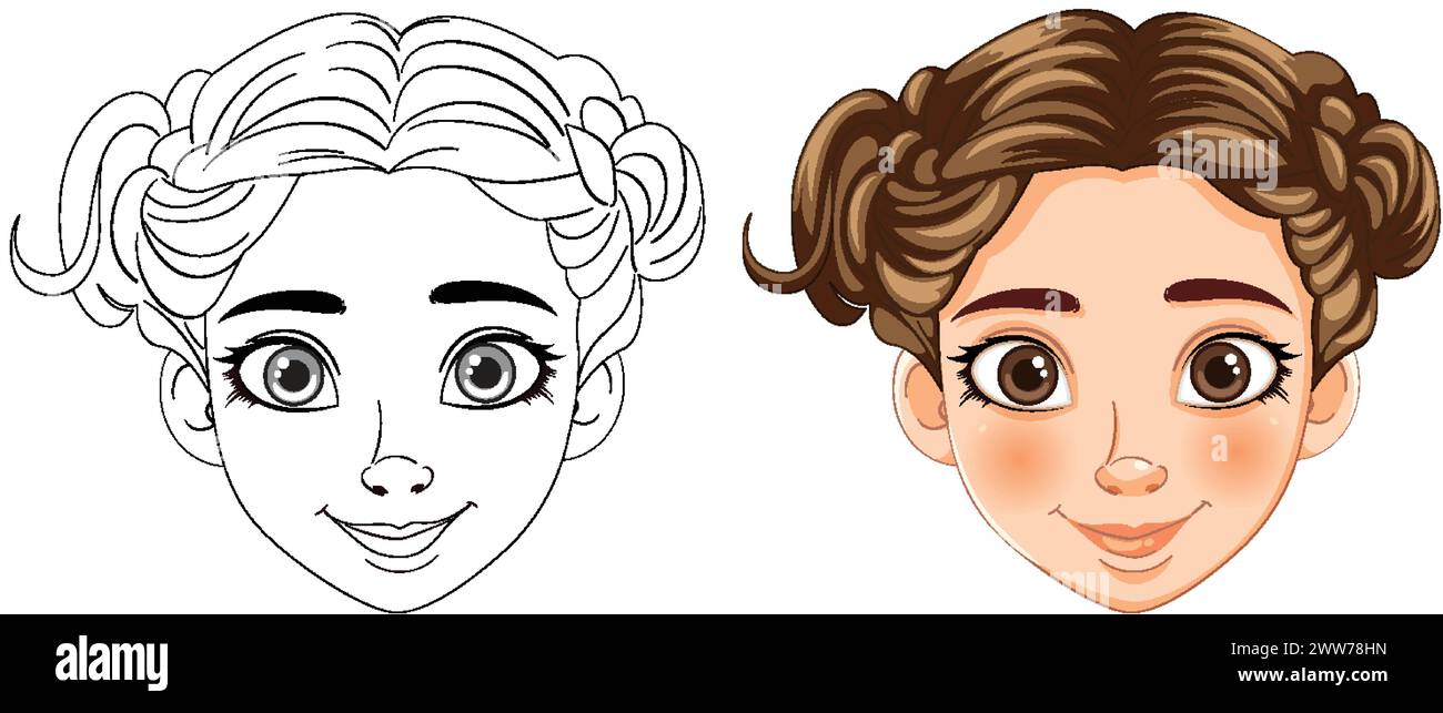Vector illustration of a girl's face, before and after coloring Stock ...